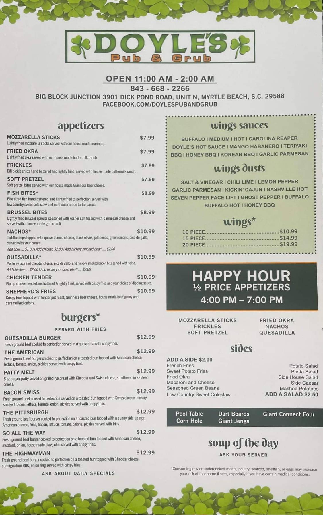 Menu at Doyle's Pub and Grub, Myrtle Beach