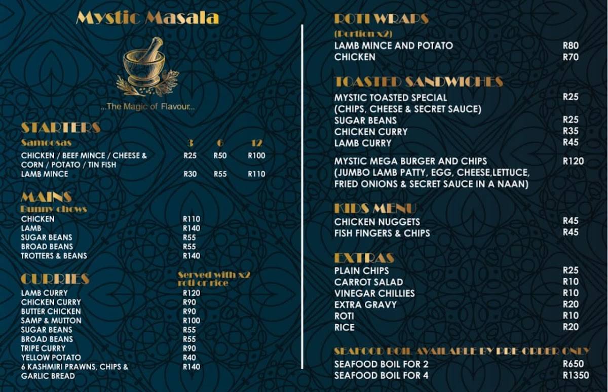 Menu at Mystic Masala Restaurant, Boksburg