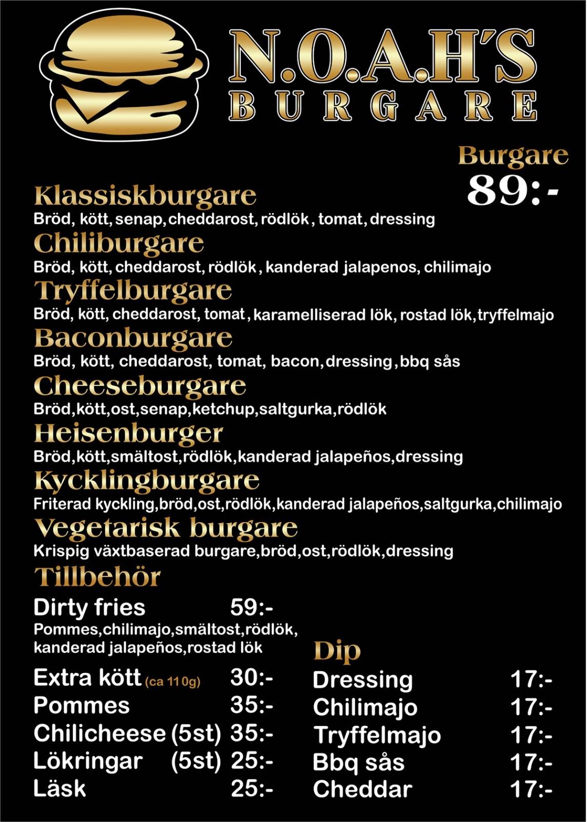 Menu at N.O.A.H’S Burgare restaurant, Södertälje
