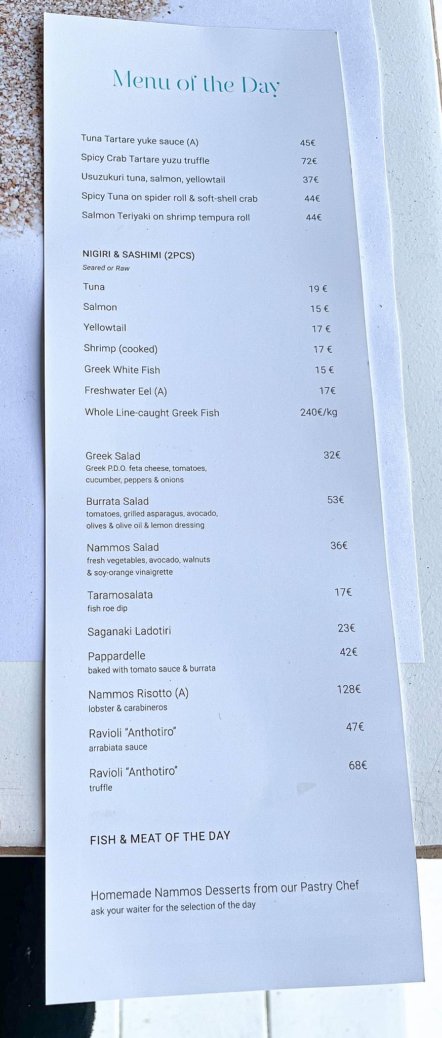Menu at NAMMOS Mykonos, Psarrou, BEACH