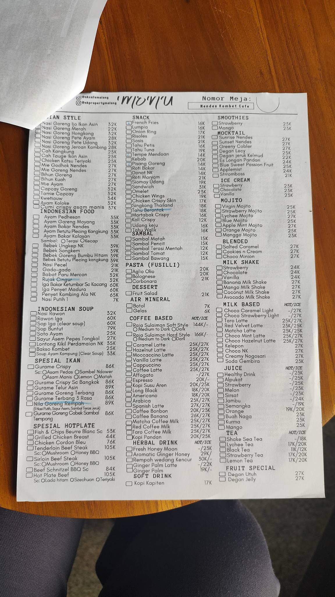 Menu at NK Cafe & Restaurant, Malang