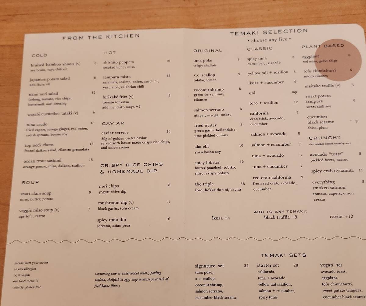 Menu at Nami Nori West Village restaurant, New York City, 33 Carmine St