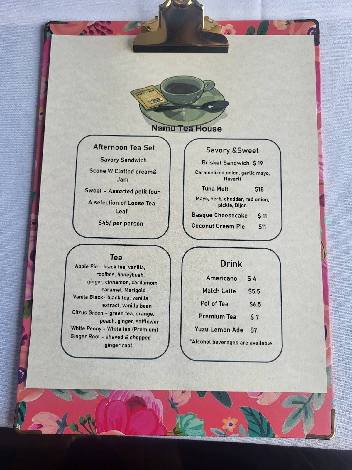 Menu at Namu restaurant, Hamilton