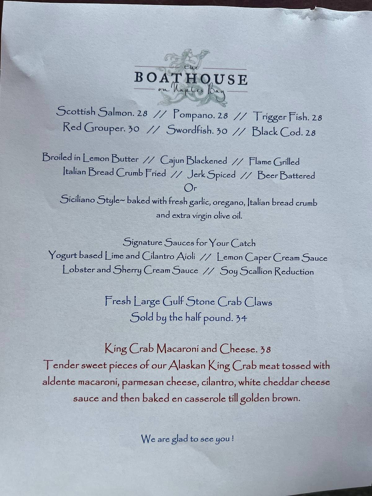 Menu at The Boathouse on Naples Bay restaurant, Naples