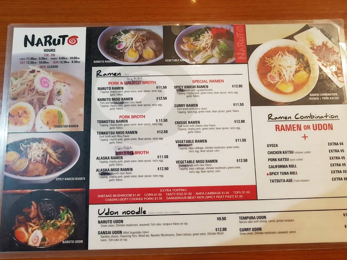 Menu at Naruto Japanese Restaurant, Anchorage