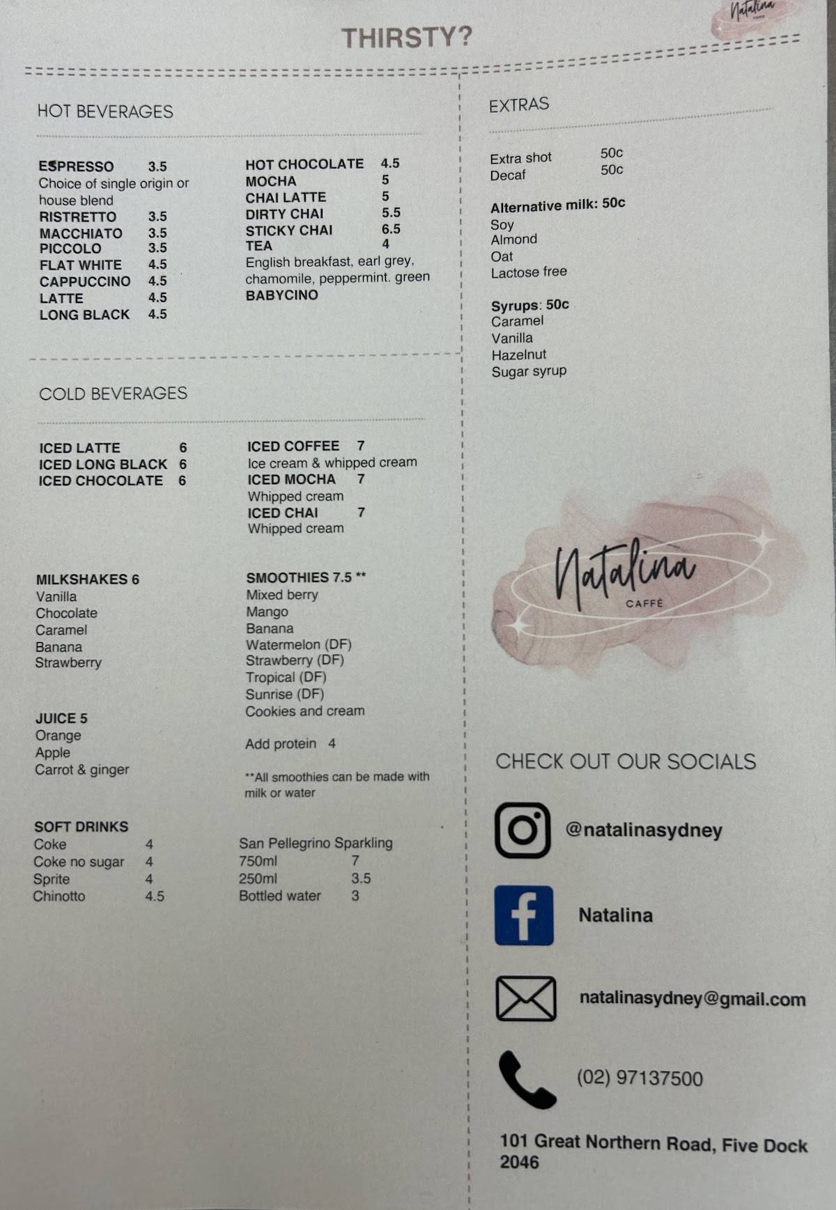 Menu at Natalina cafe, Five Dock