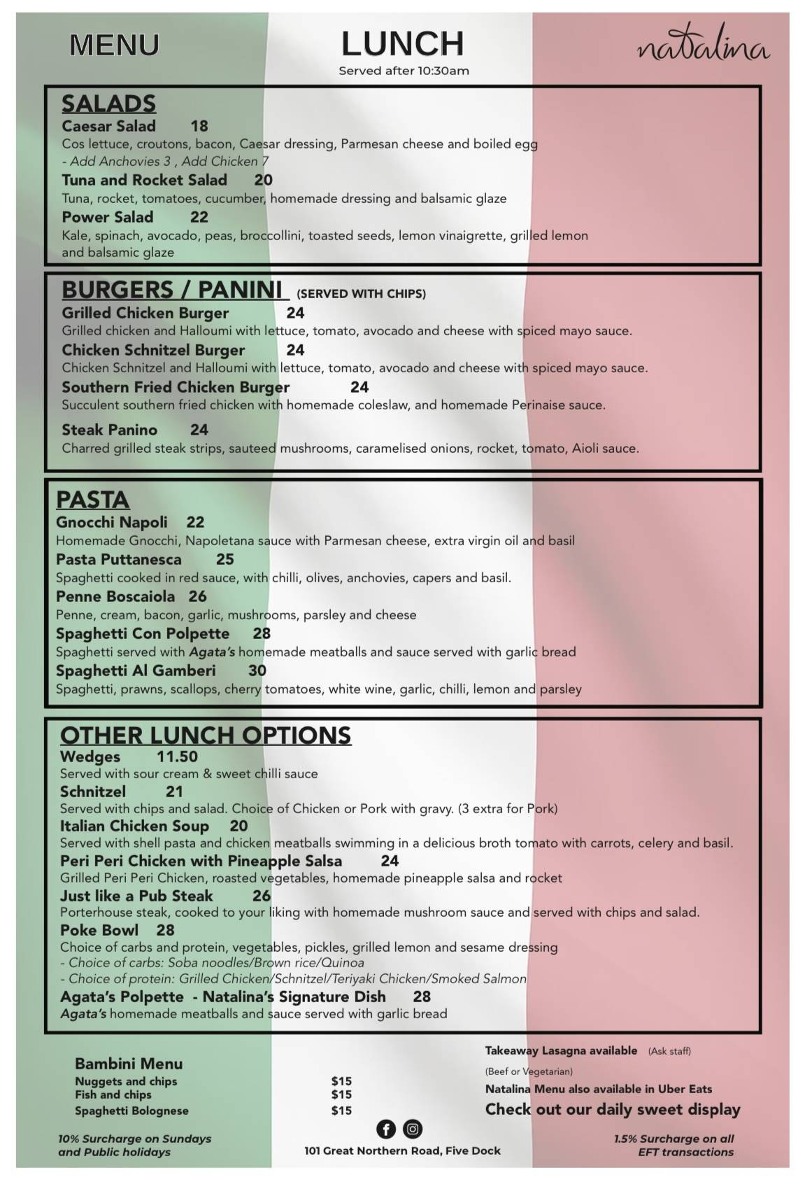 Menu at Natalina cafe, Five Dock