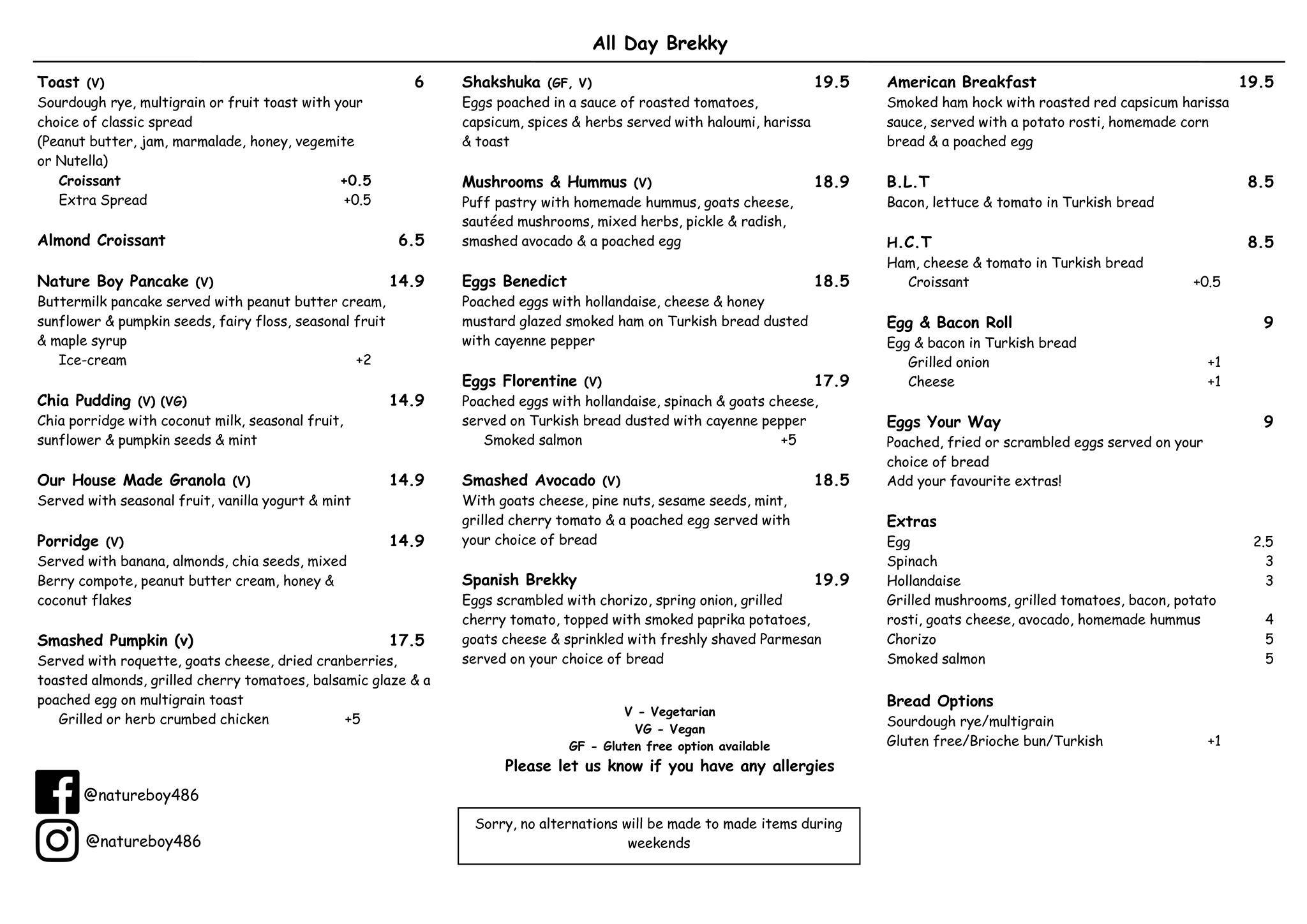Menu at Nature Boy cafe, Murrumbeena