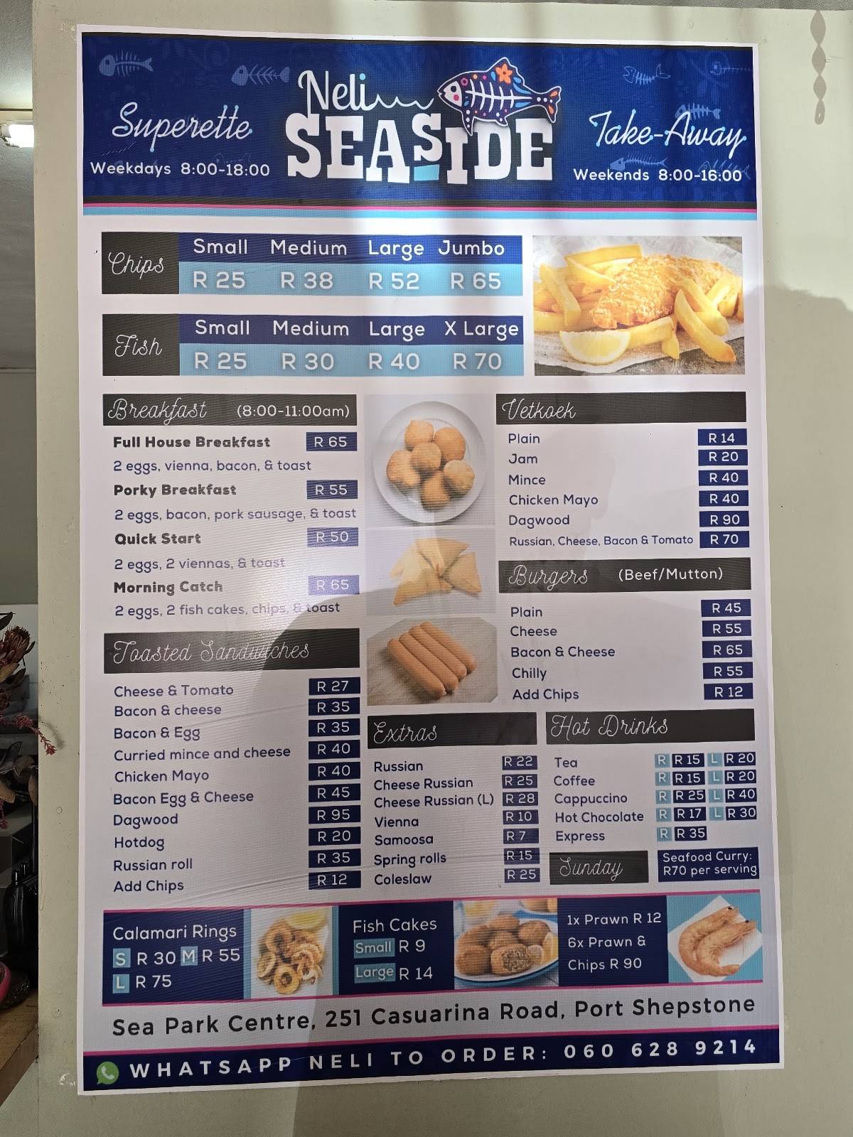 Menu at Neli Seaside restaurant, Port Shepstone