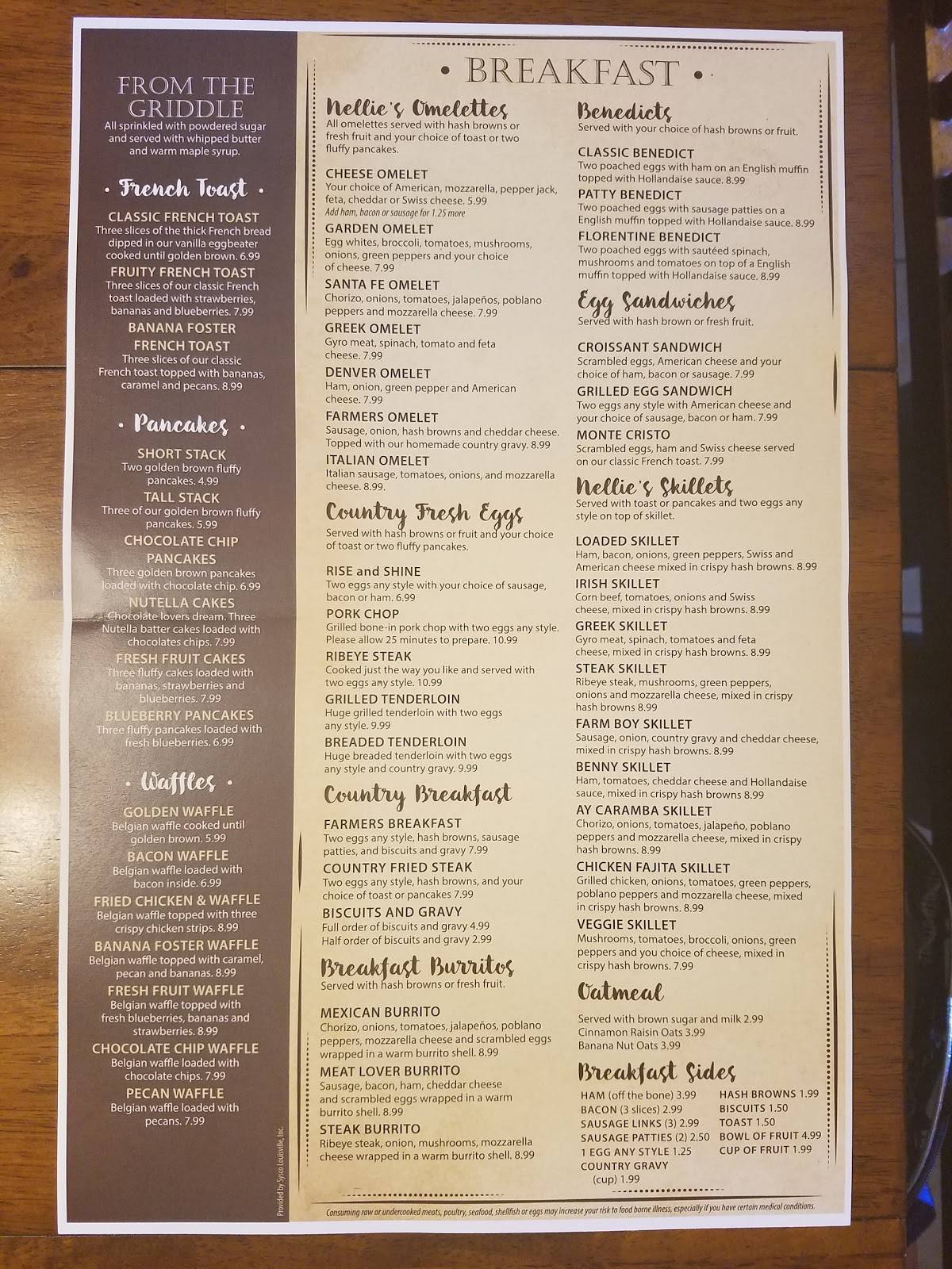 Menu at Nellie's Restaurant, Newburgh