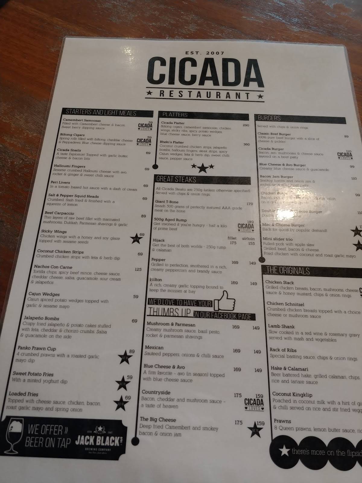 Menu at Cicada restaurant, Nelspruit