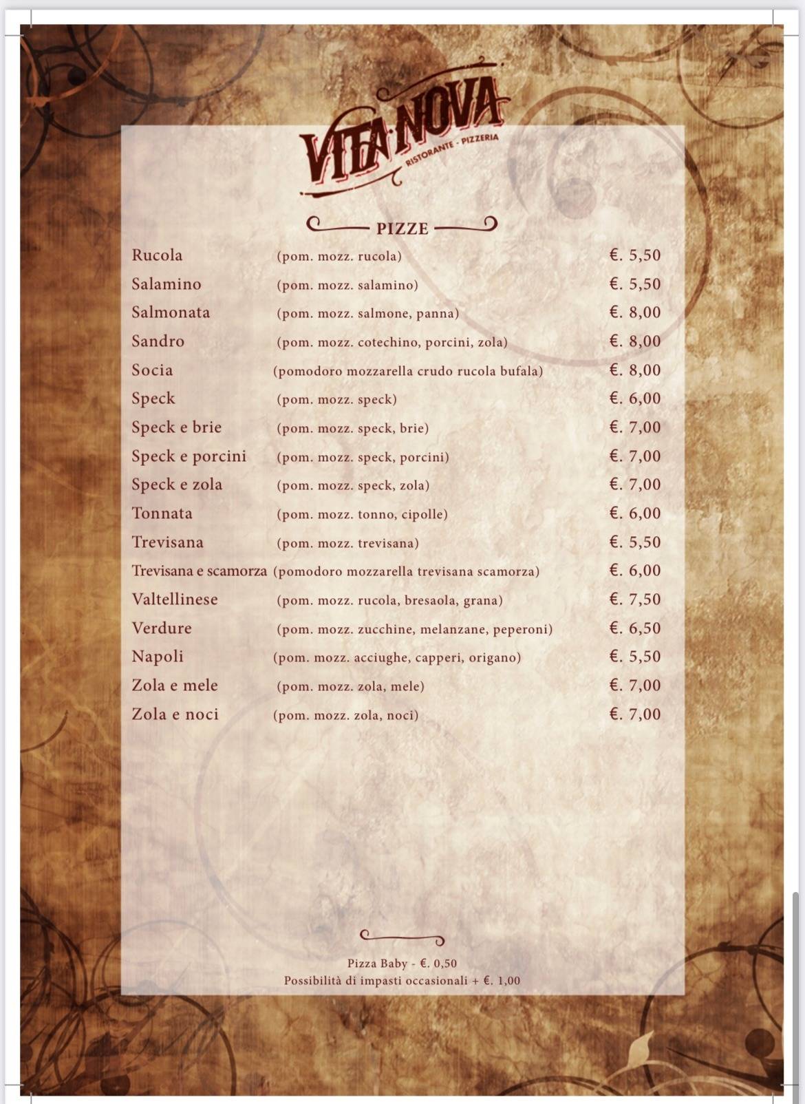 Menu da Ristorante Pizzeria Vita Nova, Nembro