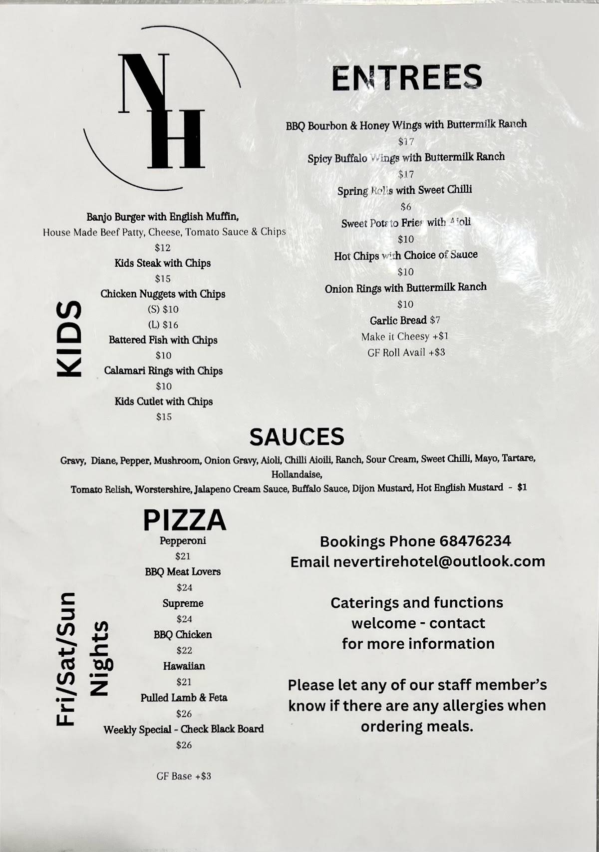 Menu at Nevertire Hotel pub & bar, Nevertire