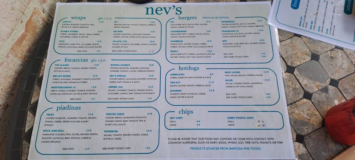 Menu at Nev's Café cafe, Saint Agnes