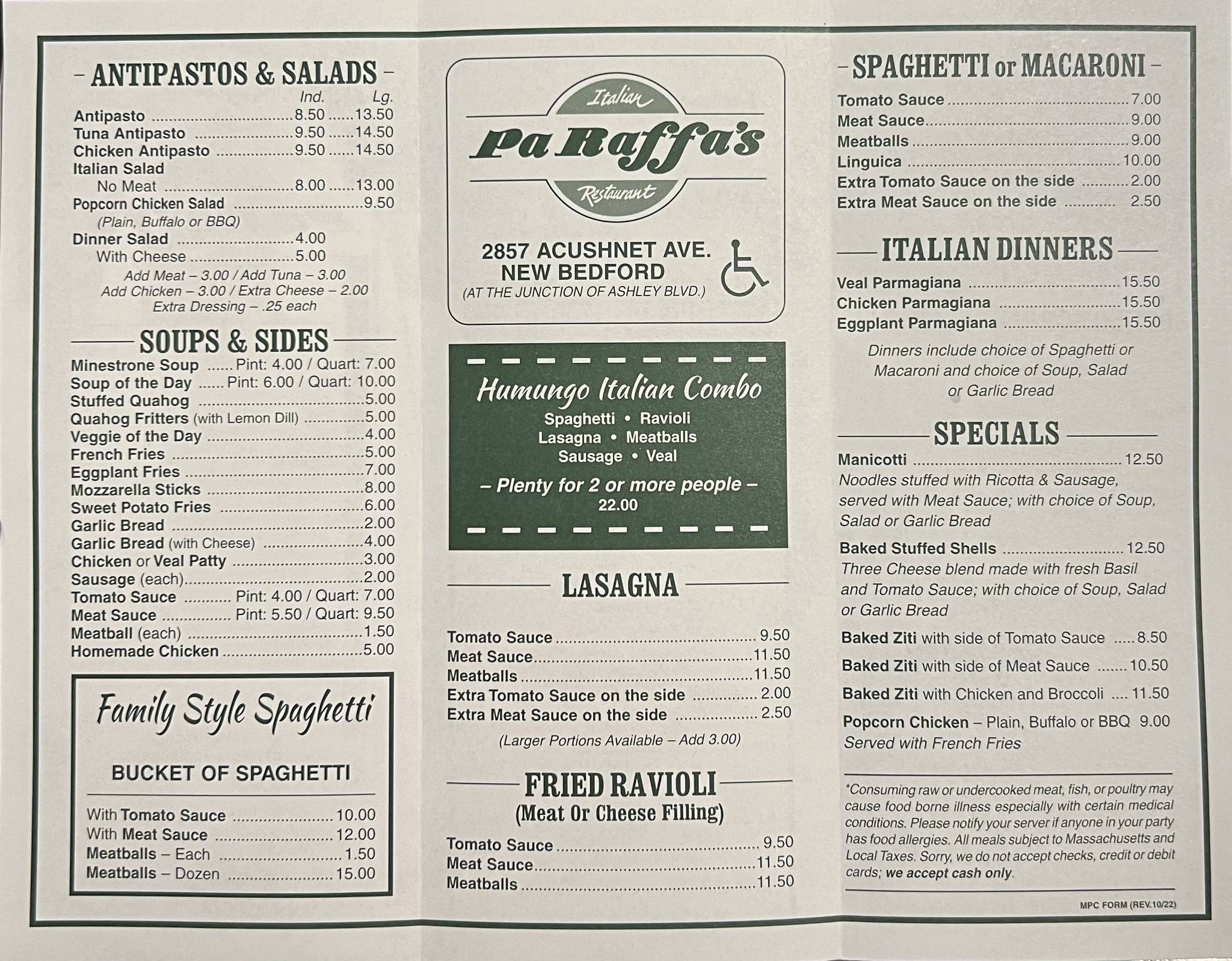 Menu at Pa Raffa's Italian Restaurant, New Bedford