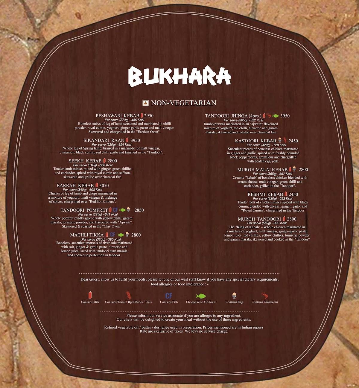 Menu at Bukhara, New Delhi, ITC MAURYA