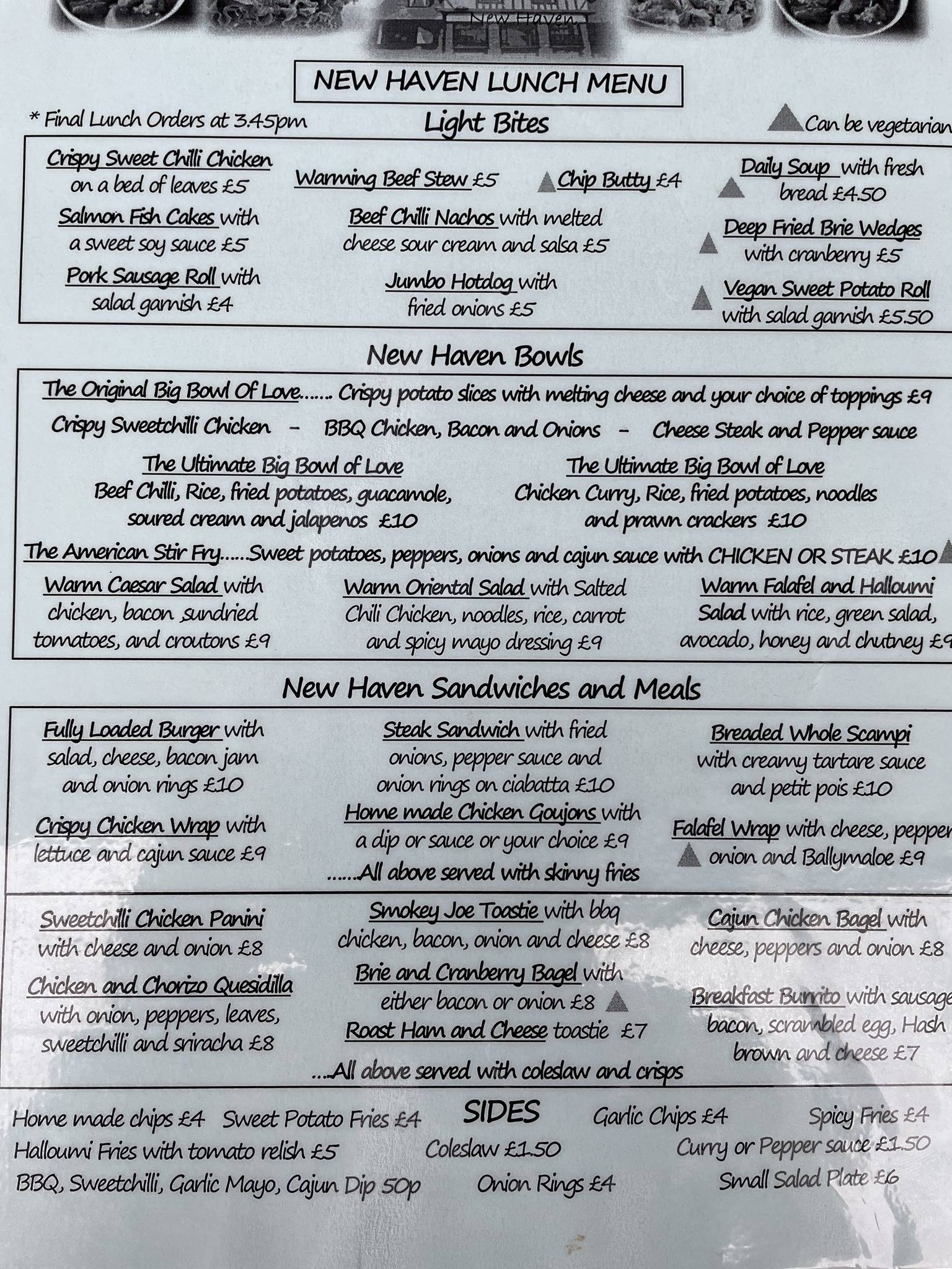 Menu at New Haven cafe, Lurgan