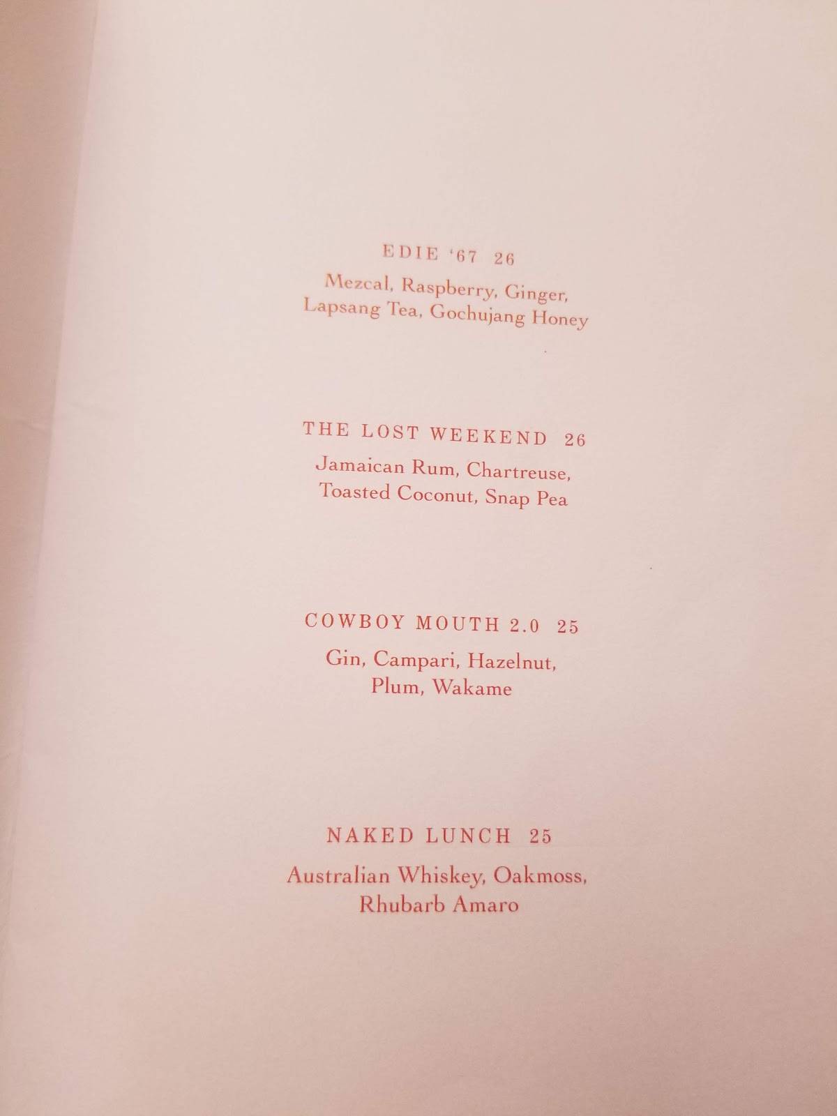 Menu at Lobby Bar at The Hotel Chelsea, New York City