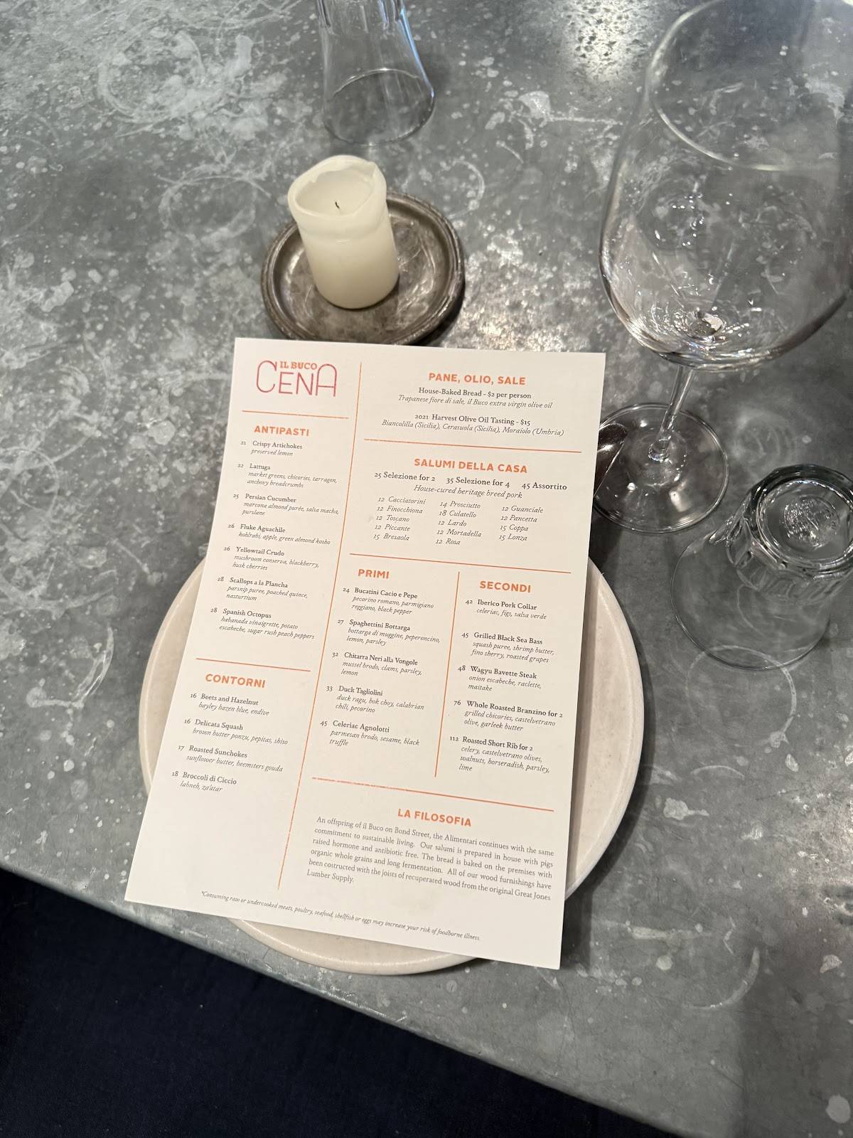 Menu at il Buco restaurant, New York City