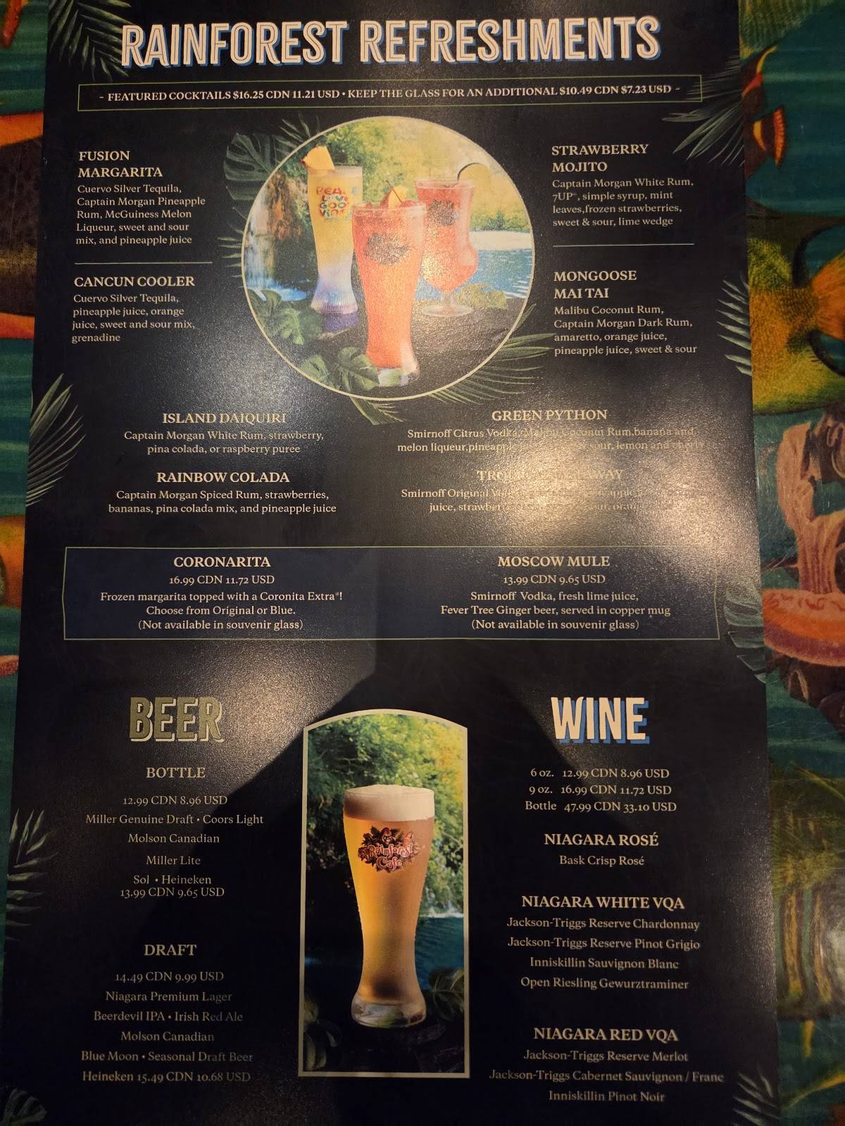 Menu at Rainforest Cafe Niagara Falls Canada, Niagara Falls, Clifton Hill