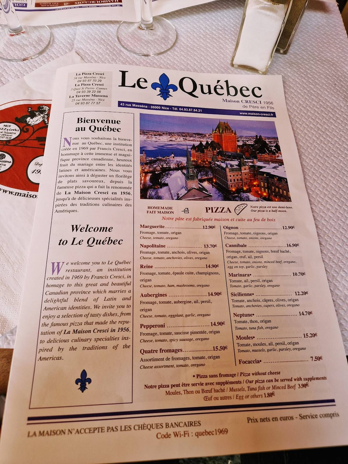 Menu au Le Québec restaurant, Nice