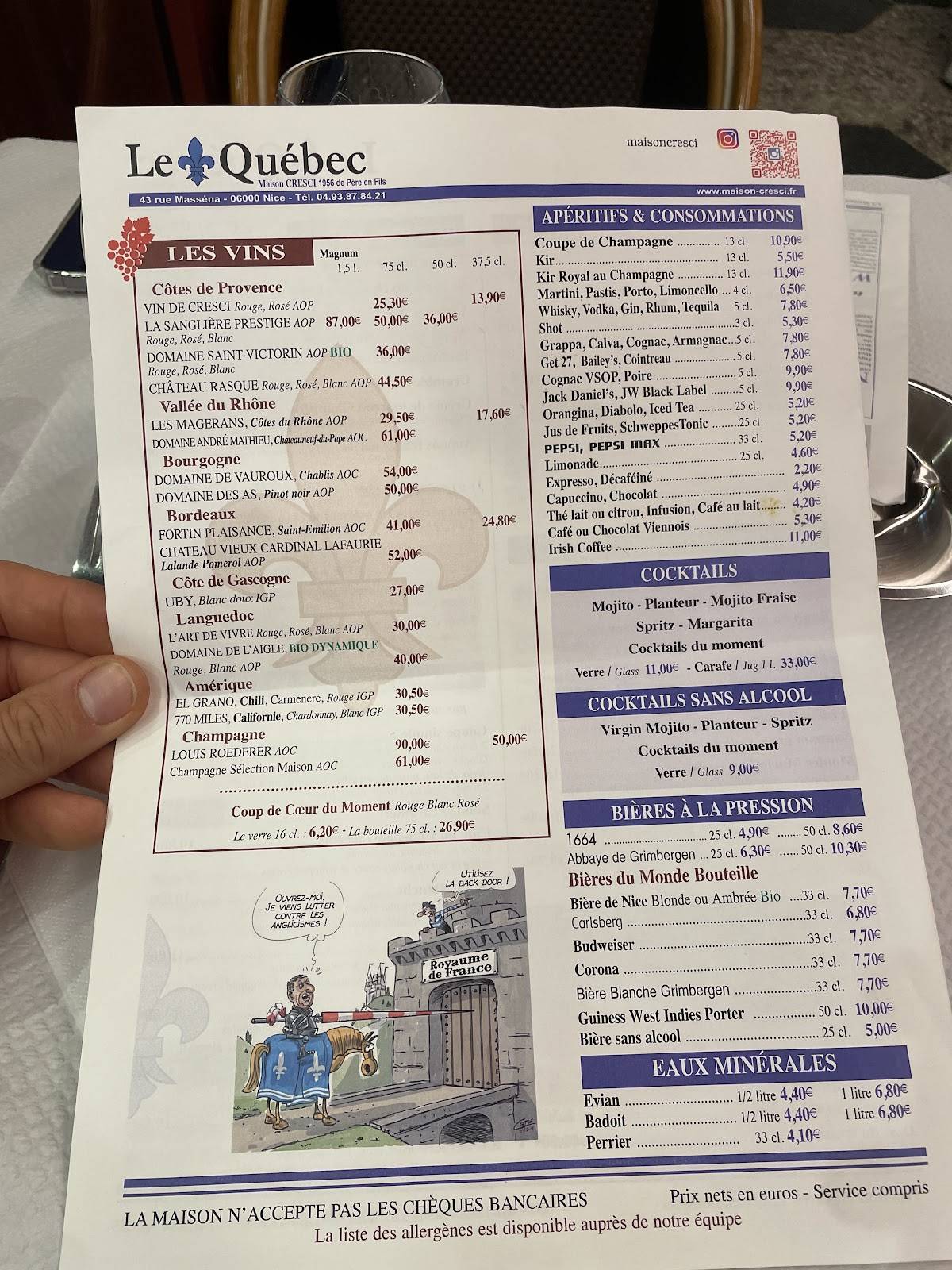 Menu au Le Québec restaurant, Nice