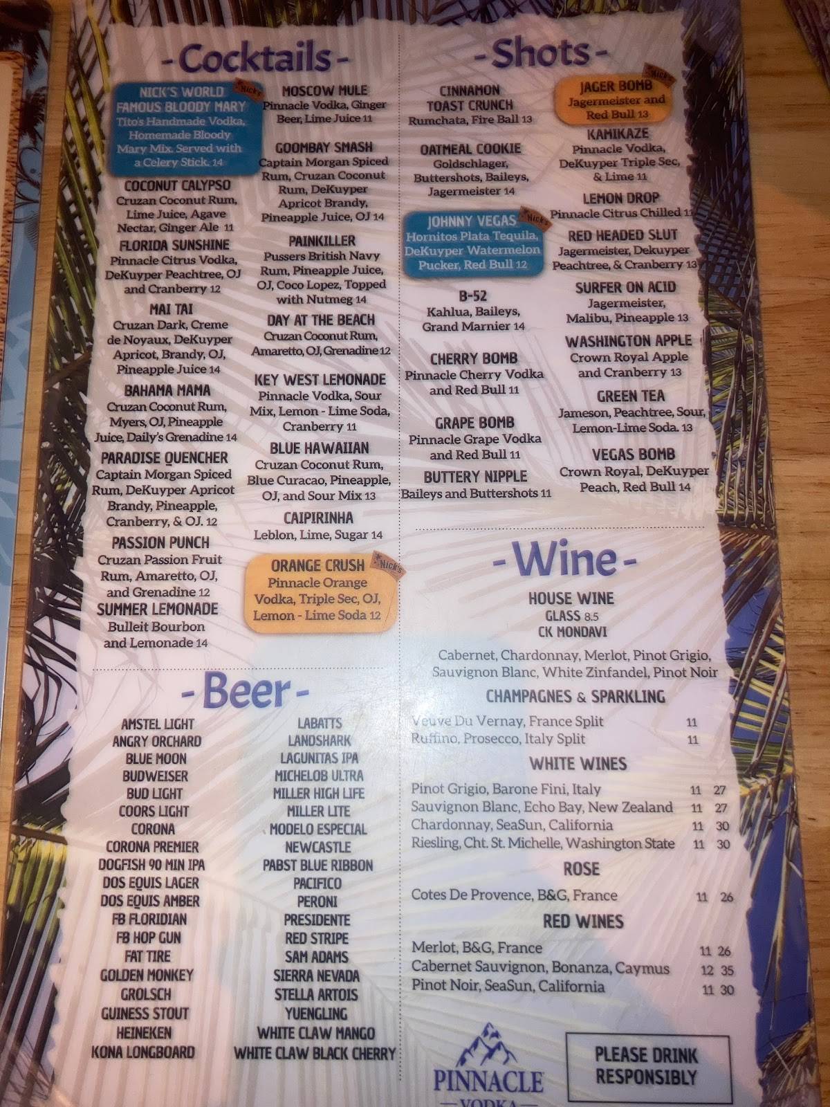 Menu at Nicks Bar & Grill, Hollywood