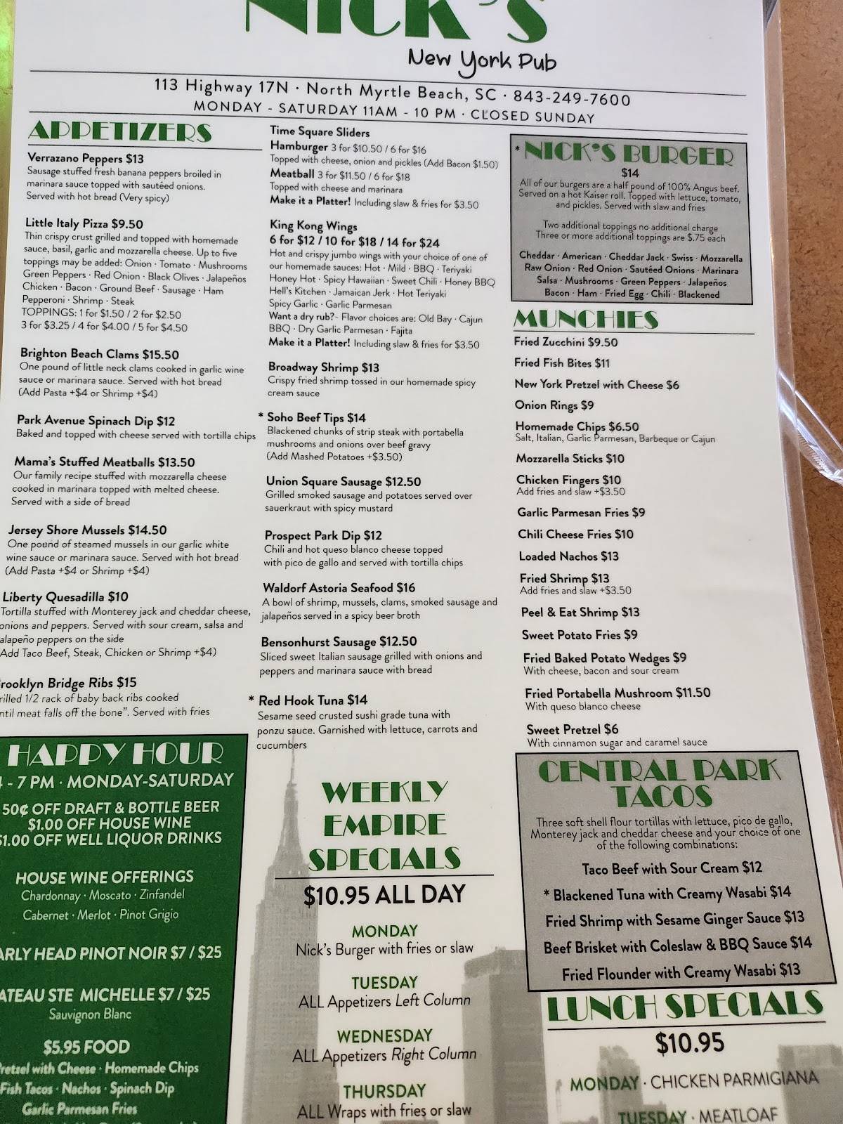Menu at Nick's New York Pub and Grill, North Myrtle Beach, 113 Hwy 17 S