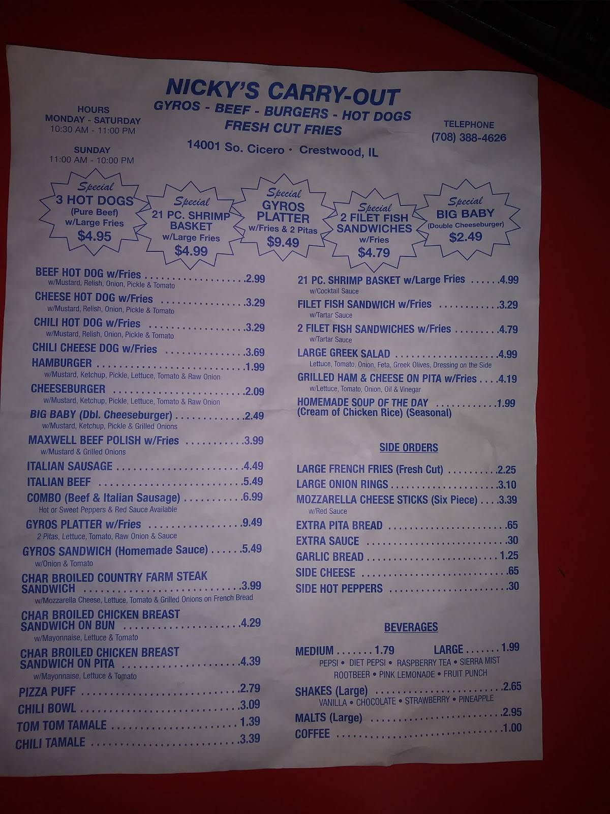 Menu at Nicky's Carryout fast food, Crestwood, S Cicero Ave