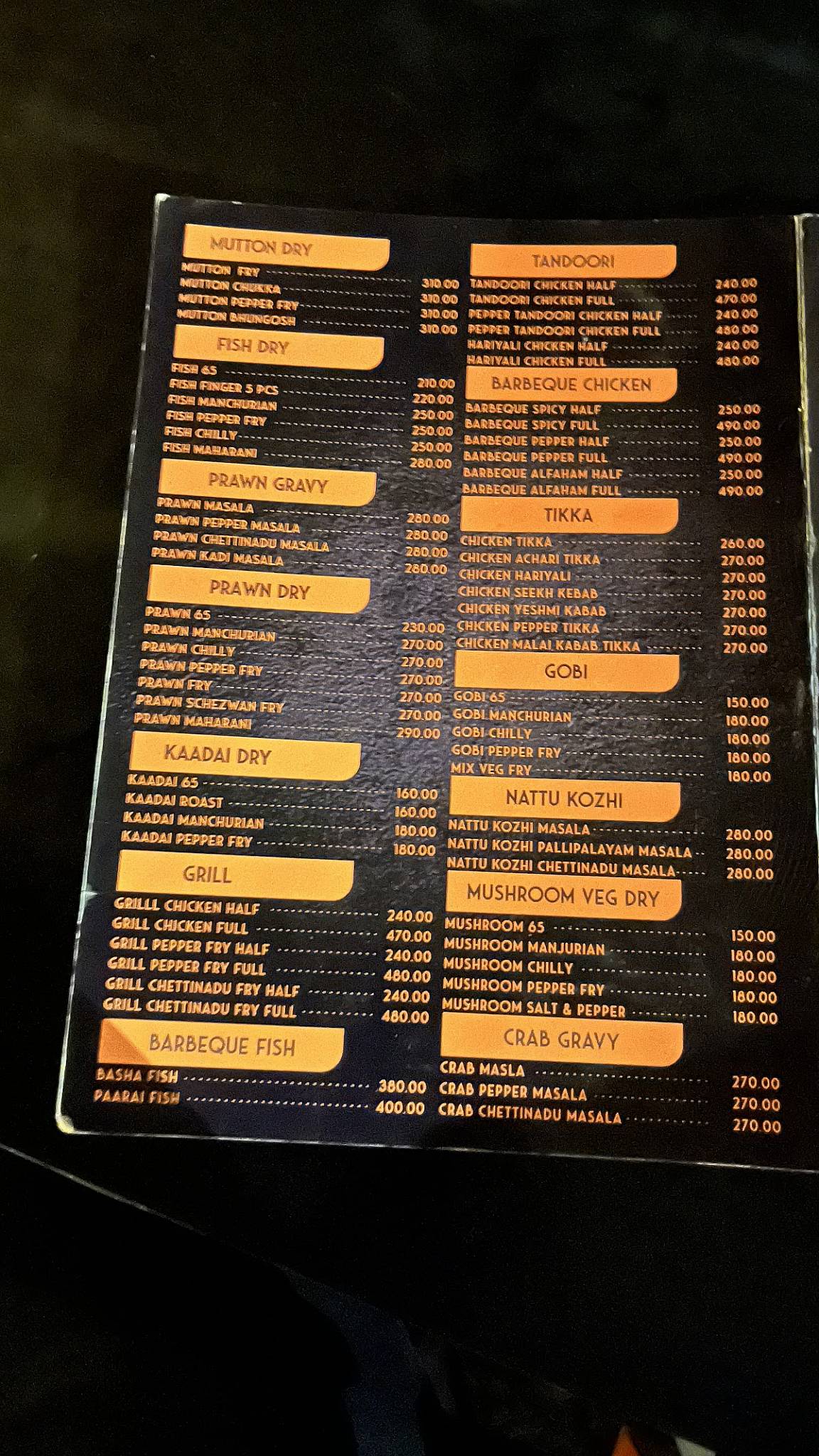Menu at Nila Soru, Salem, M3CR+GQ2