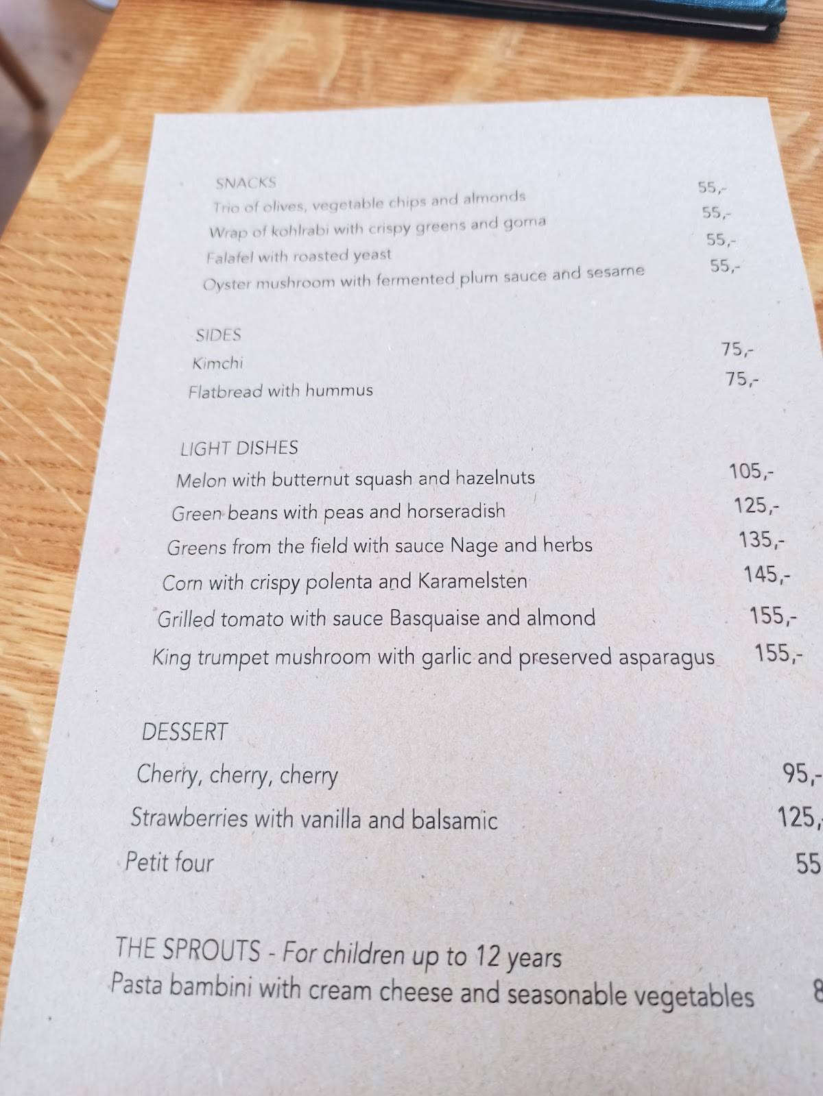Menu at Nimb Gemyse restaurant, Copenhagen