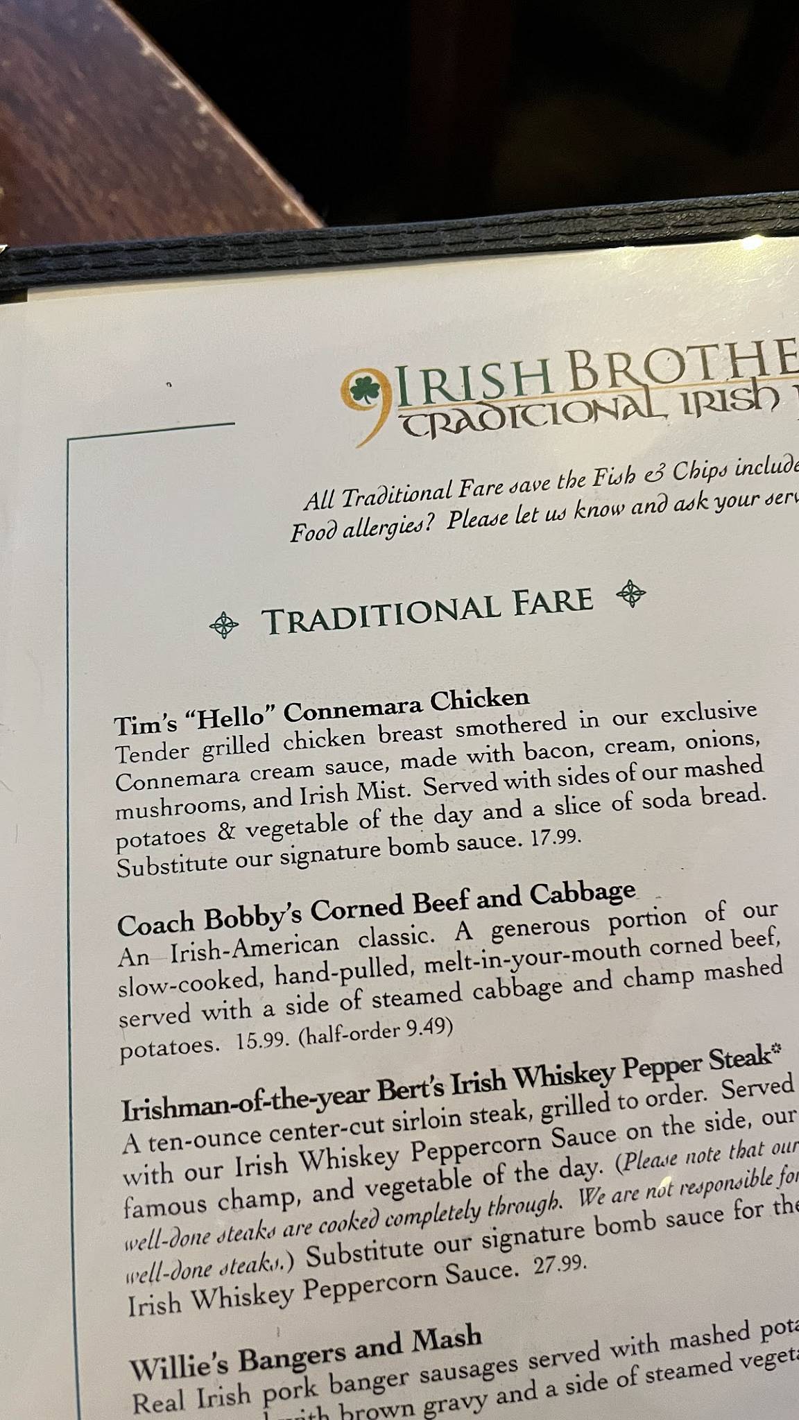 Menu at Nine Irish Brothers Lafayette pub & bar, Lafayette