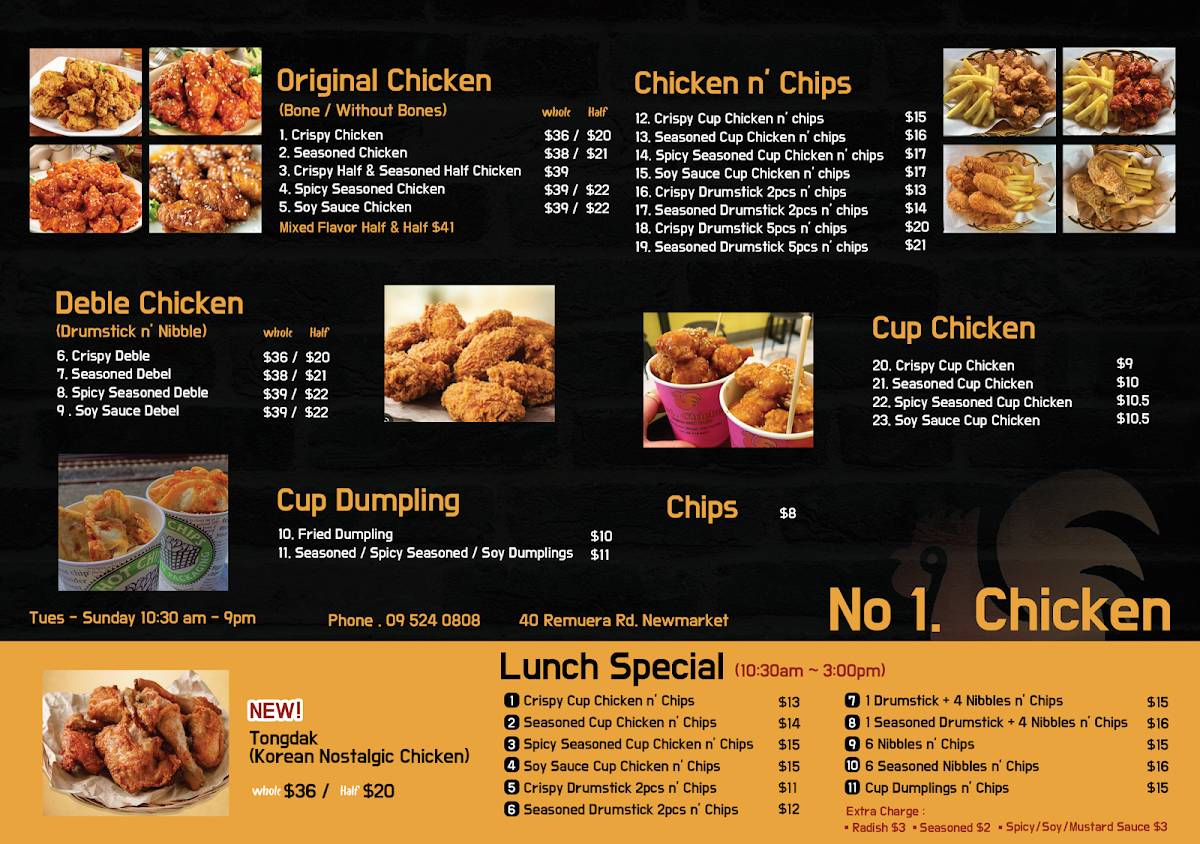 Menu at No.1 Chicken fast food, Auckland