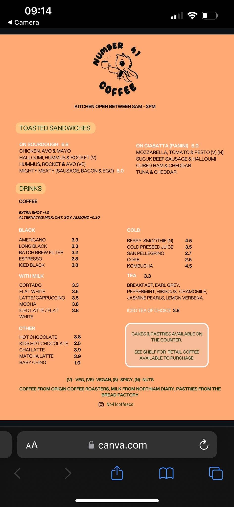 Menu at No. 41 Coffee cafe, London, 41 Brockley Rise