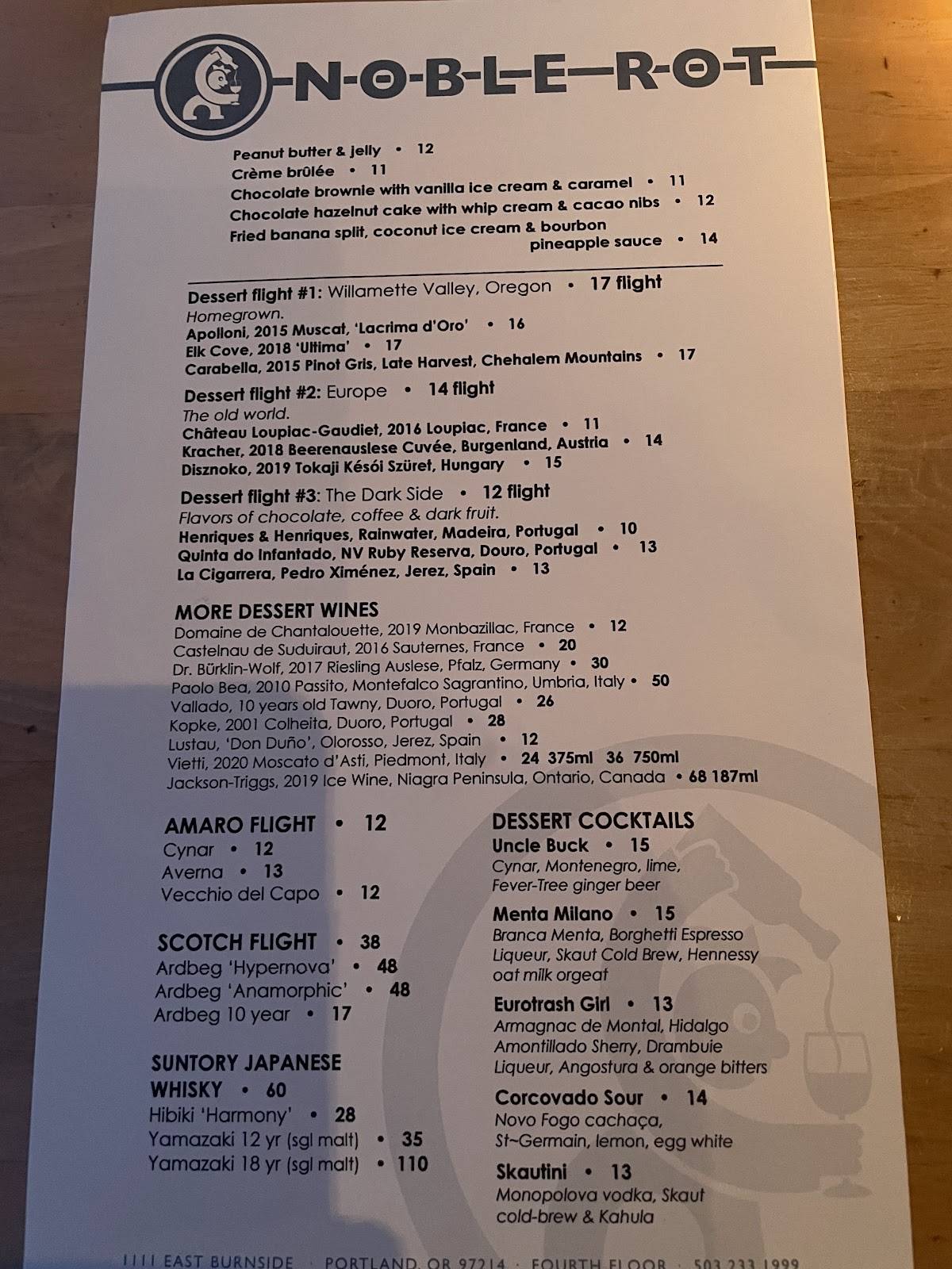 Carta del pub y bar Noble Rot, Portland, E Burnside St Fourth Floor