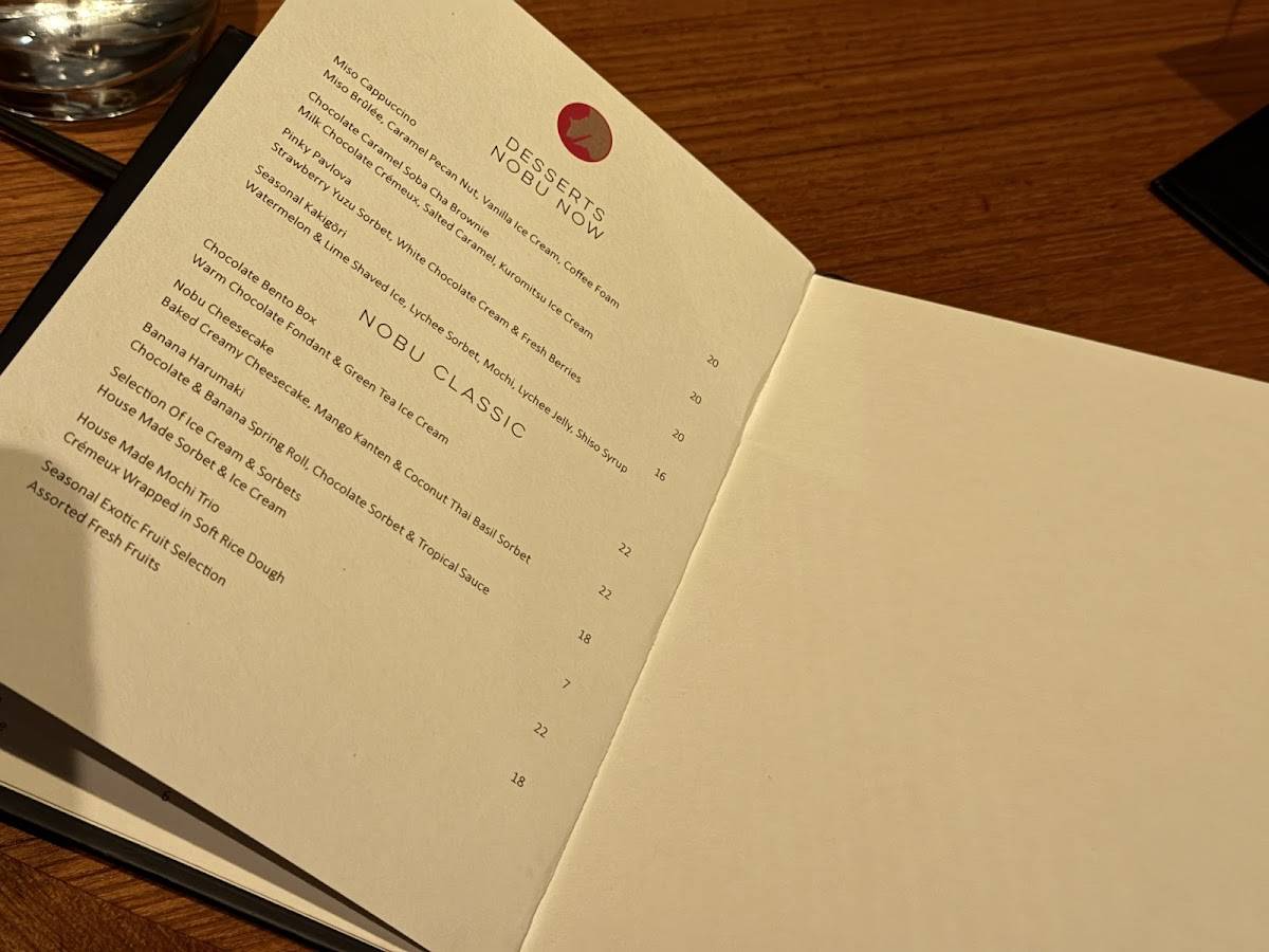 Menu at Nobu Sydney restaurant, Barangaroo