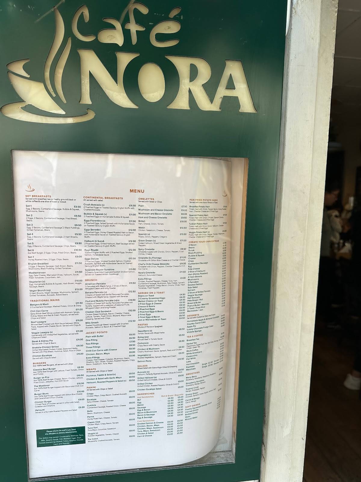 Menu at Nora Cafe, London
