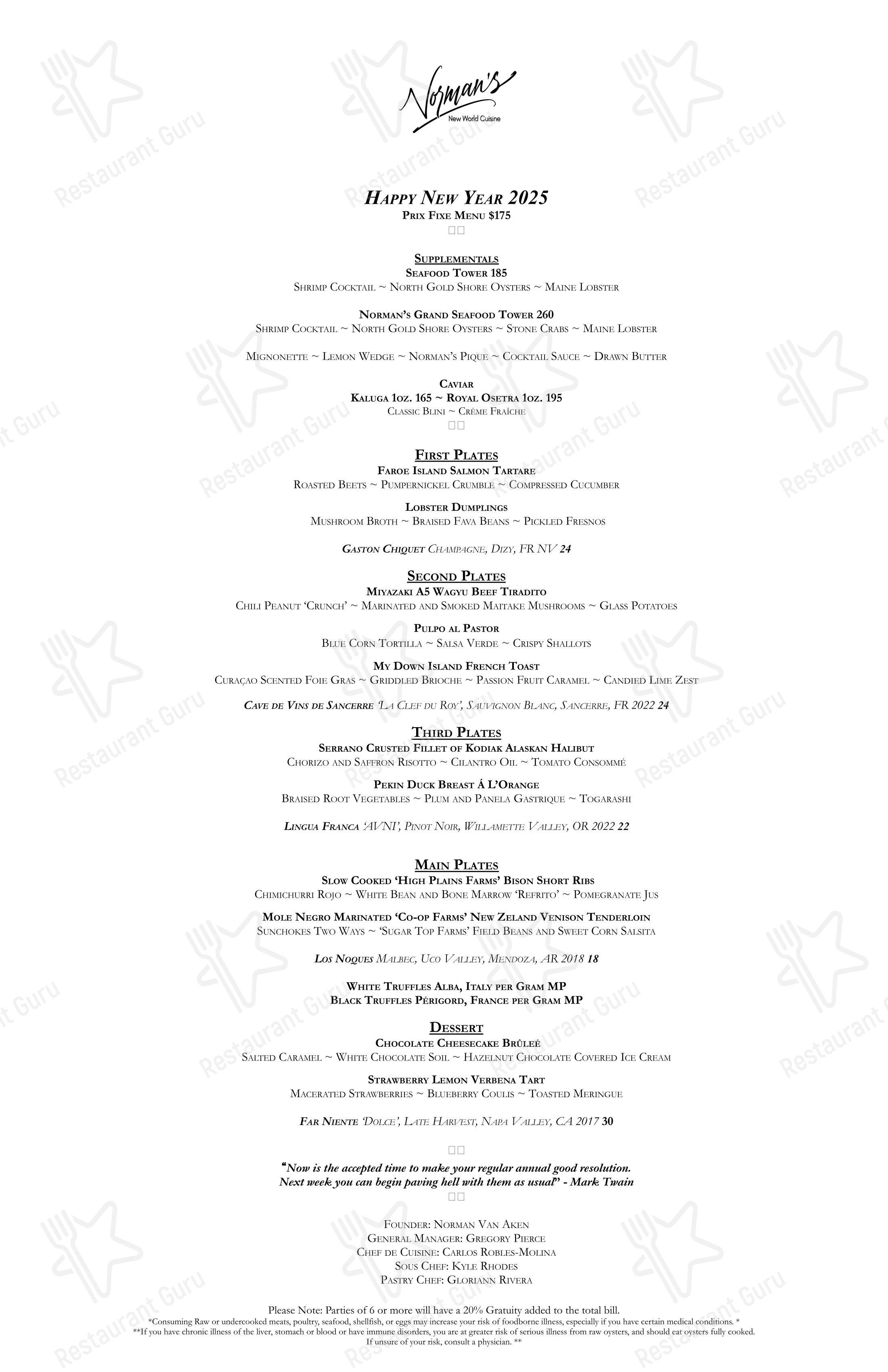 Menu at Norman's Orlando steakhouse, Orlando, Via Dellagio Way