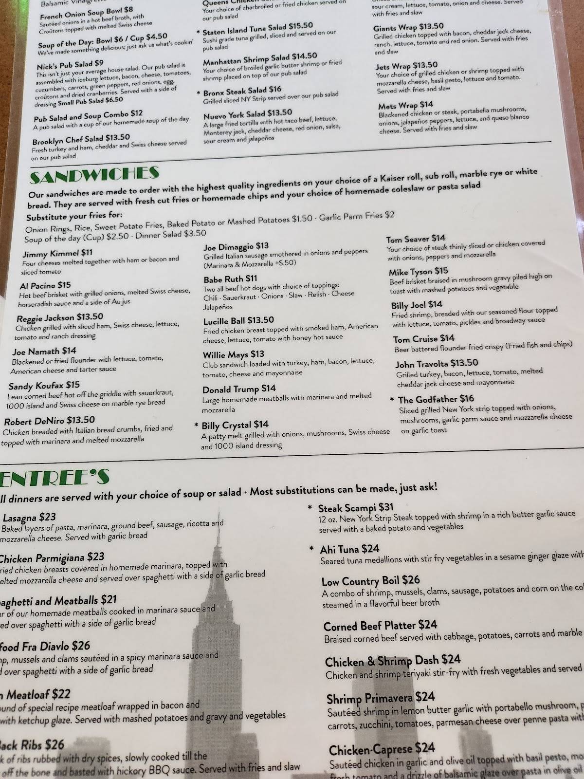Menu at Nick's New York Pub and Grill, North Myrtle Beach, 113 Hwy 17 S