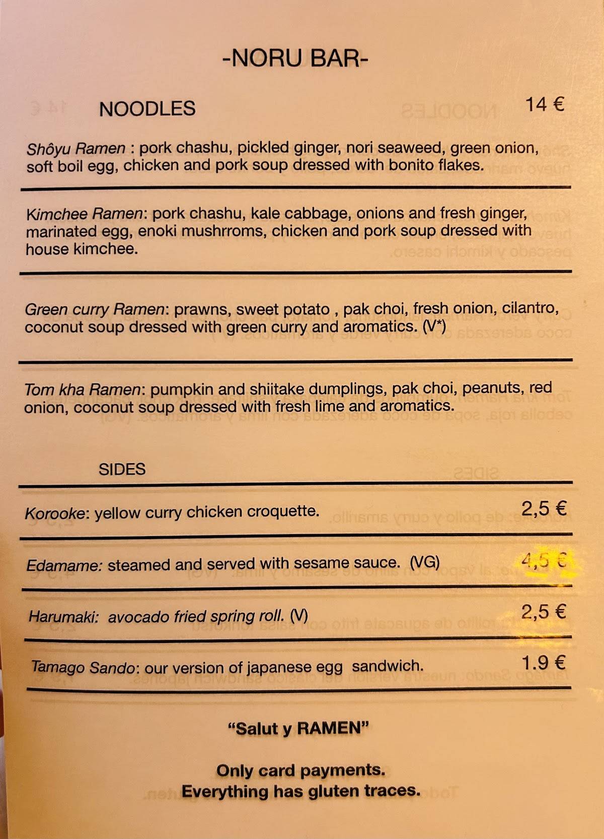 Carta de Noru Bar “Poblenou”, Barcelona