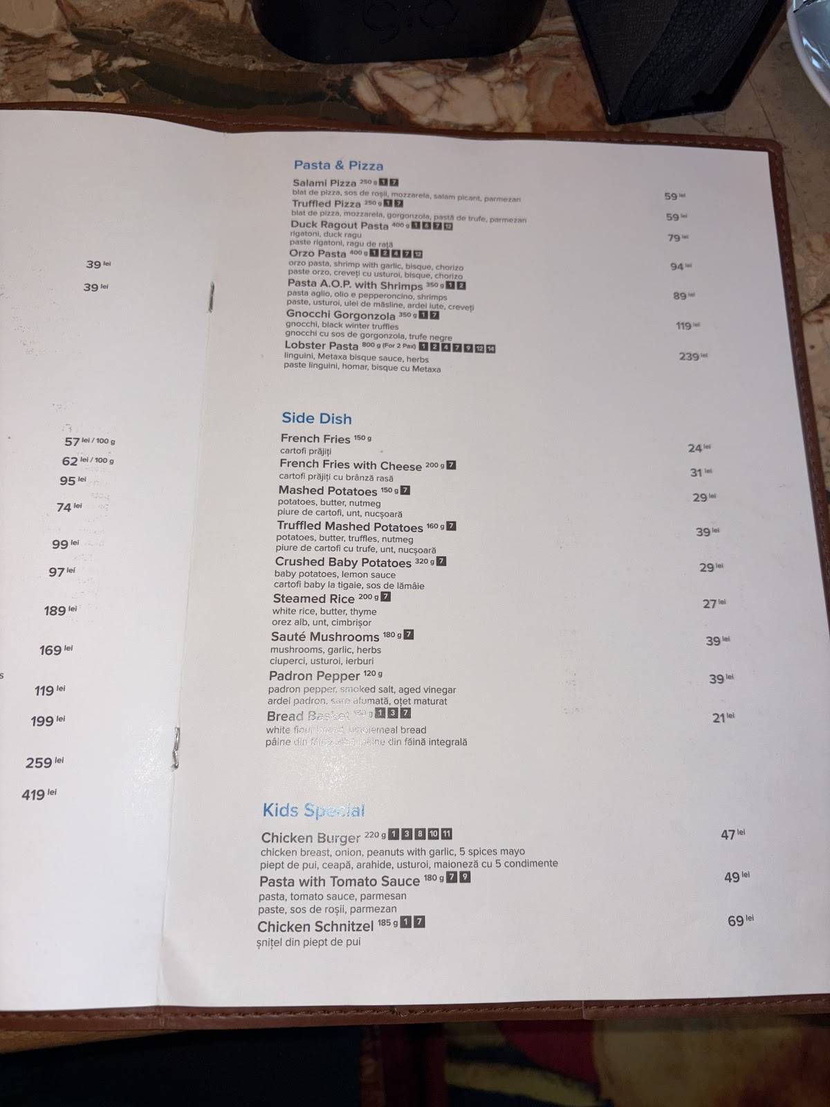 Menu at Nuba Chalet, Brașov