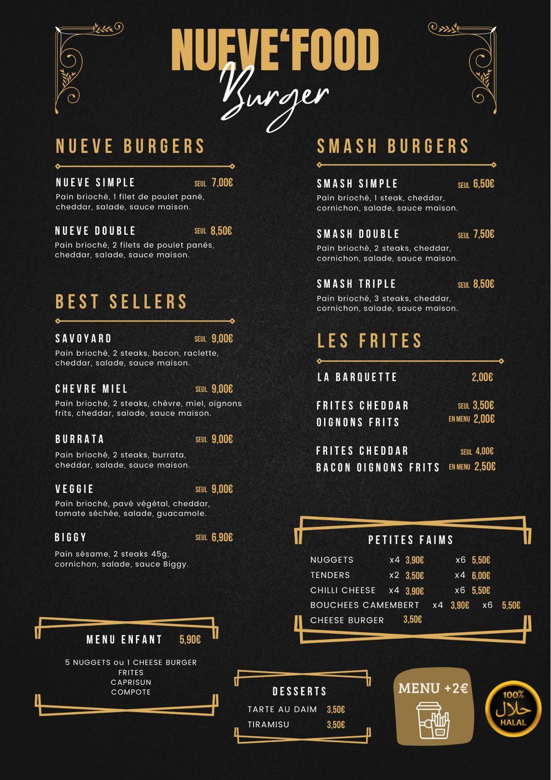Menu au Nueve food restaurant, Cholet