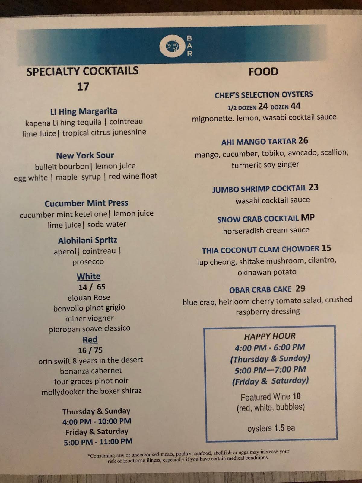 Menu at O Bar, Honolulu, Kalākaua Ave