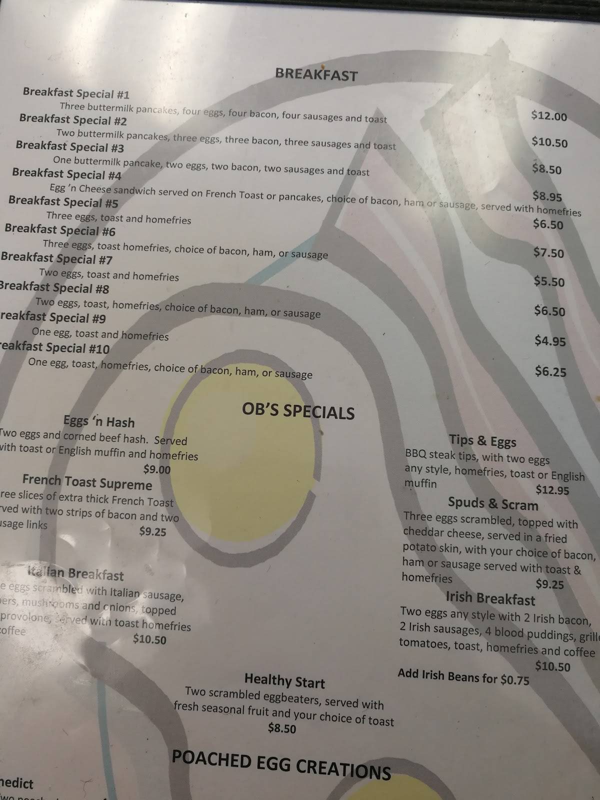 Menu at O B's Cafe, Quincy