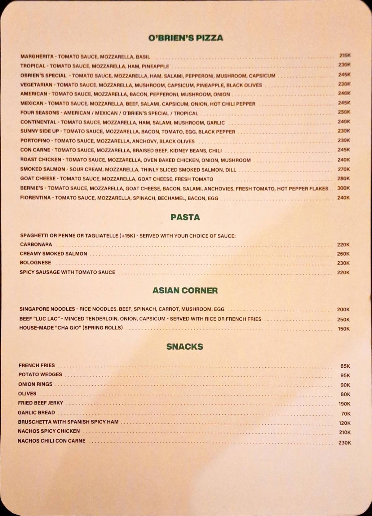 Menu at O'Briens Factory (Irish Bar), Ho Chi Minh City