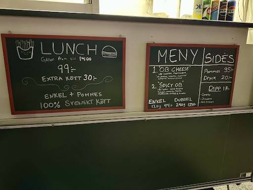 Menu at OB's (Original Burgers) restaurant, Södertälje