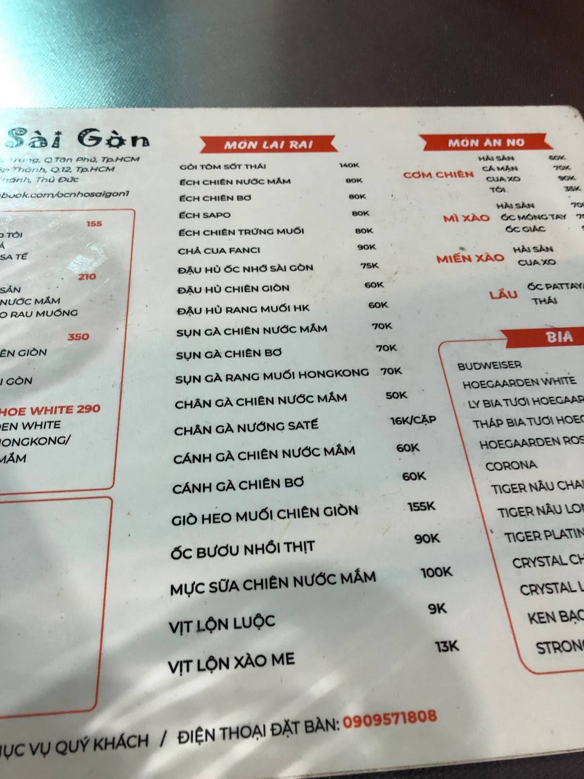 Menu at ỐC NHỚ SÀI GÒN THỦ ĐỨC restaurant, Ho Chi Minh City