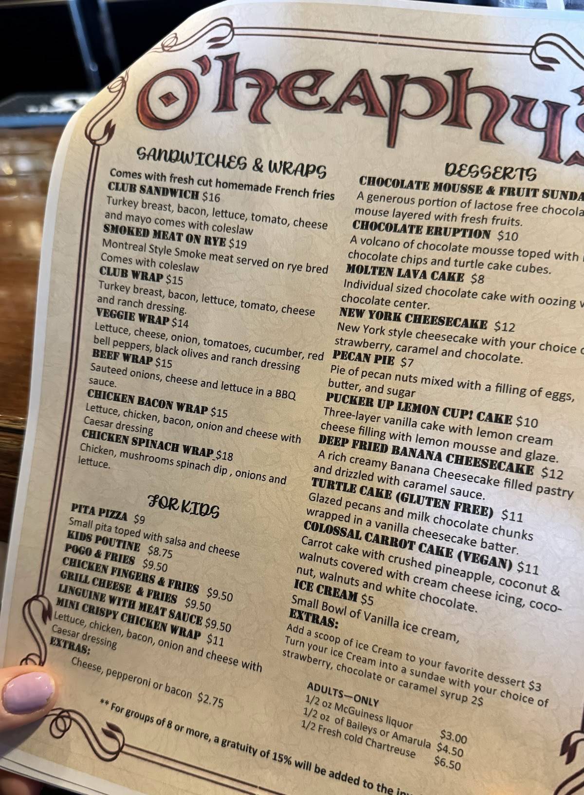 Menu at O'Heaphy's Irish Pub, Prescott