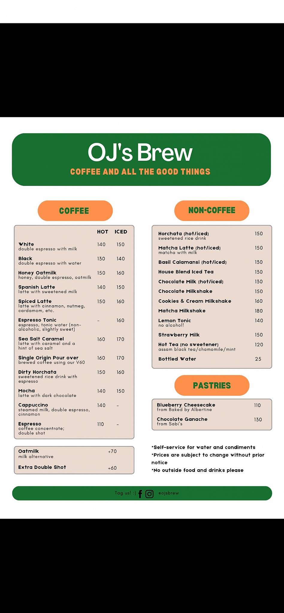 Menu at OJ's Brew restaurant, Calamba