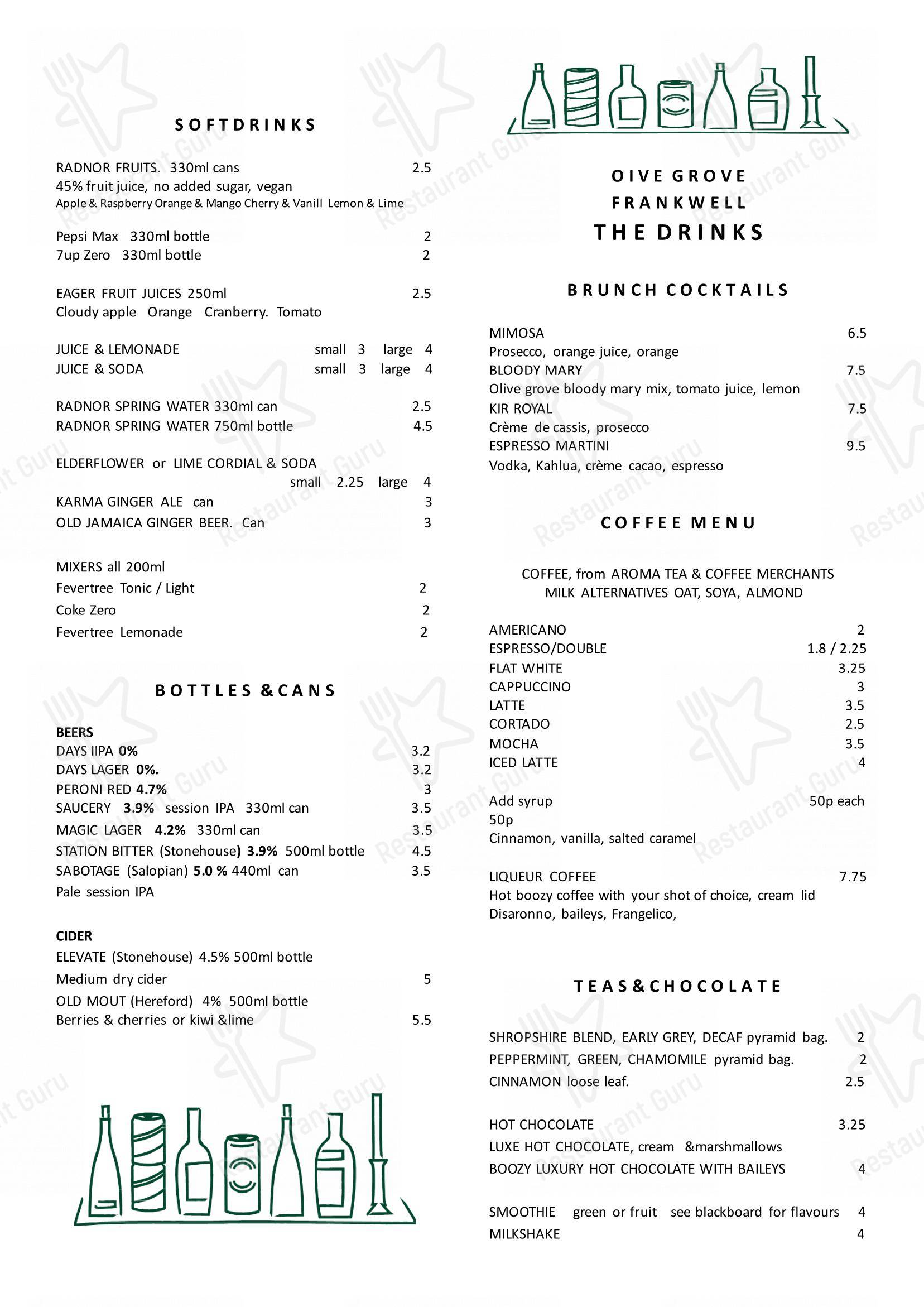 Carta del café OLIVE GROVE, Shrewsbury